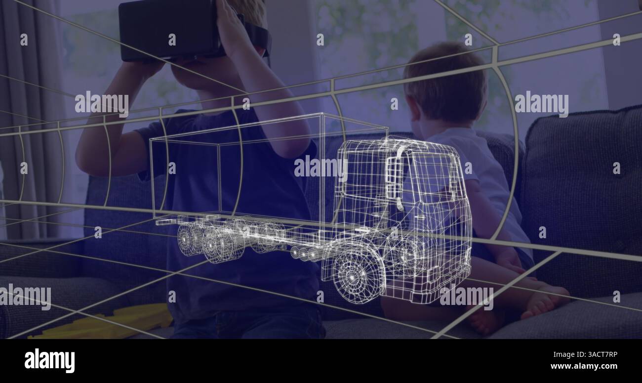 Image of 3d technical drawing of truck, over boy at home wearing vr ...