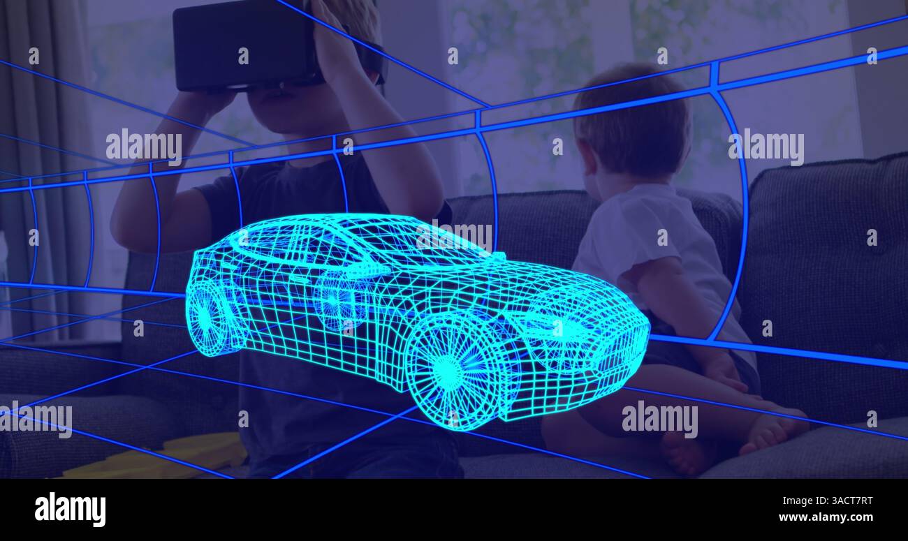 Image of 3d technical drawing of car, over boy at home wearing vr ...