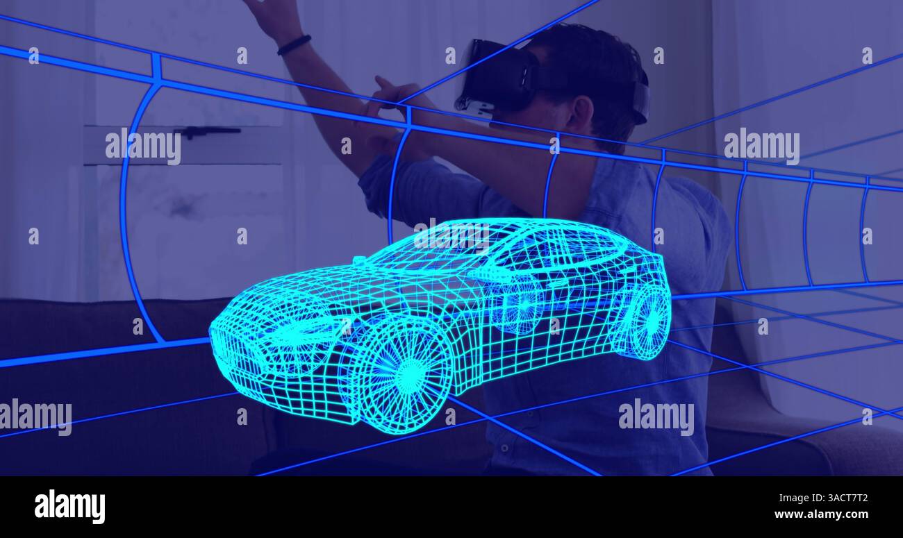 Image of 3d technical drawing of car, over man at home wearing vr ...