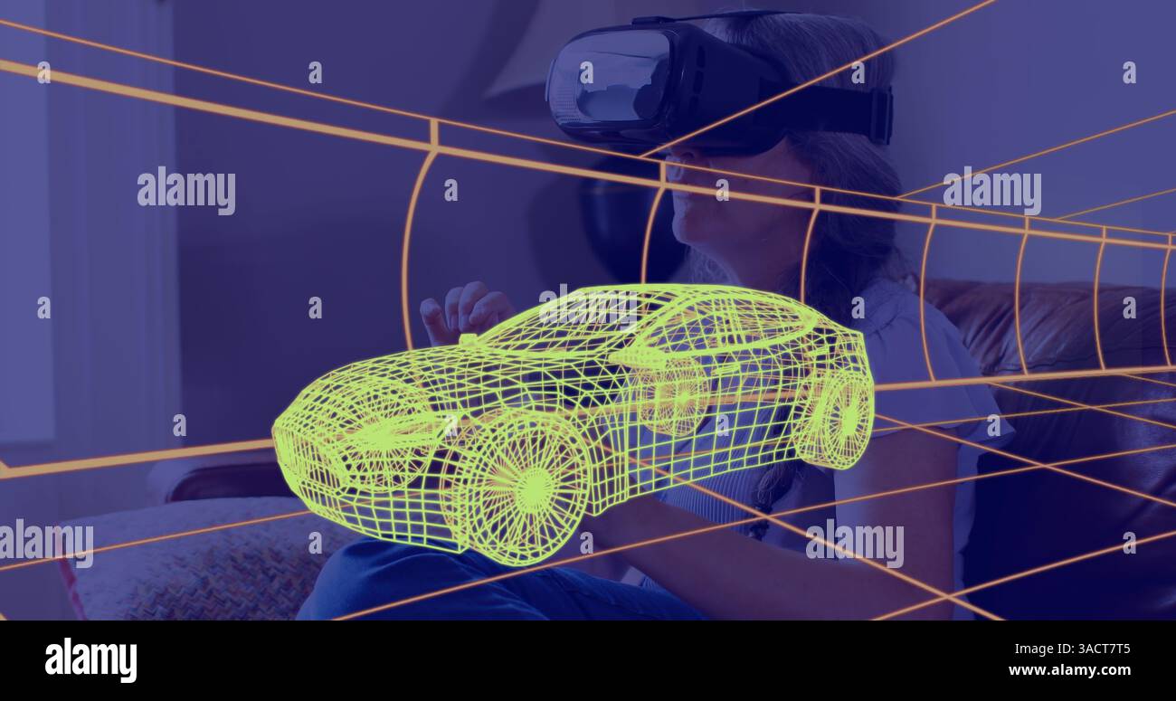 Image of 3d technical drawing of car, over woman at home wearing vr ...