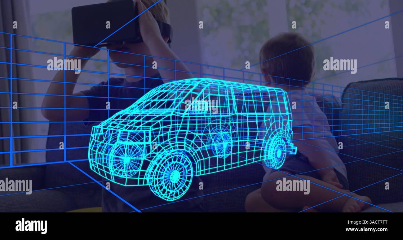 Image of 3d technical drawing of van, over boy at home wearing vr ...