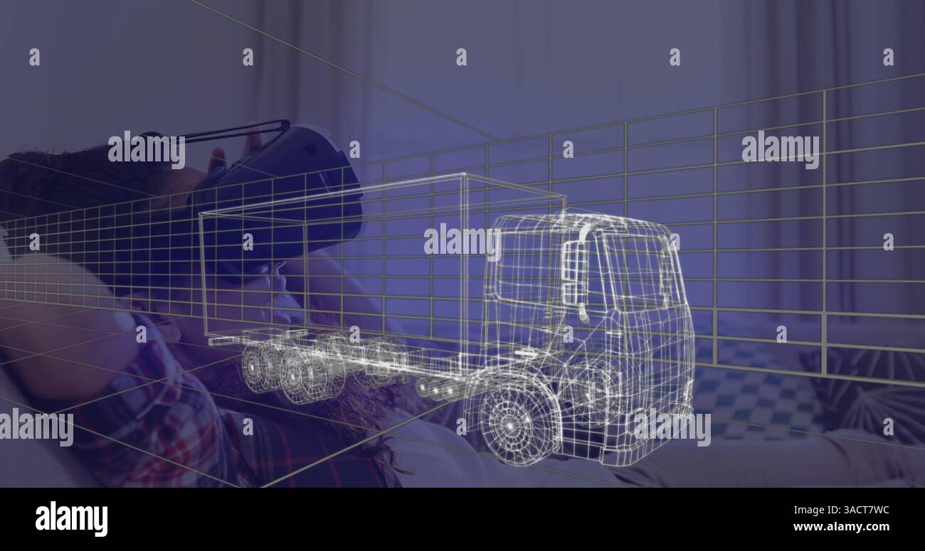 Image of 3d technical drawing of truck, over woman at home wearing vr ...