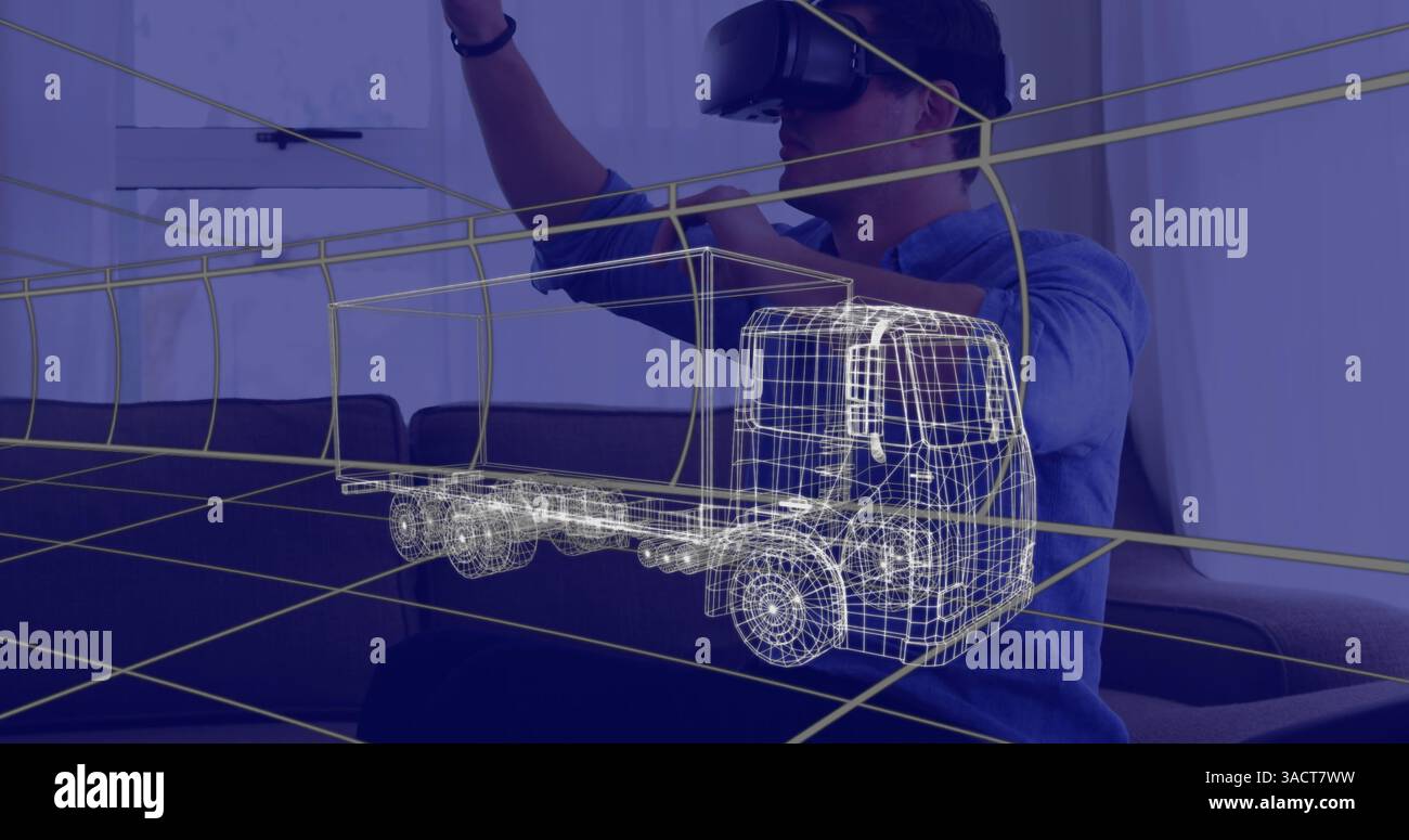Image of 3d technical drawing of truck, over man at home wearing vr ...
