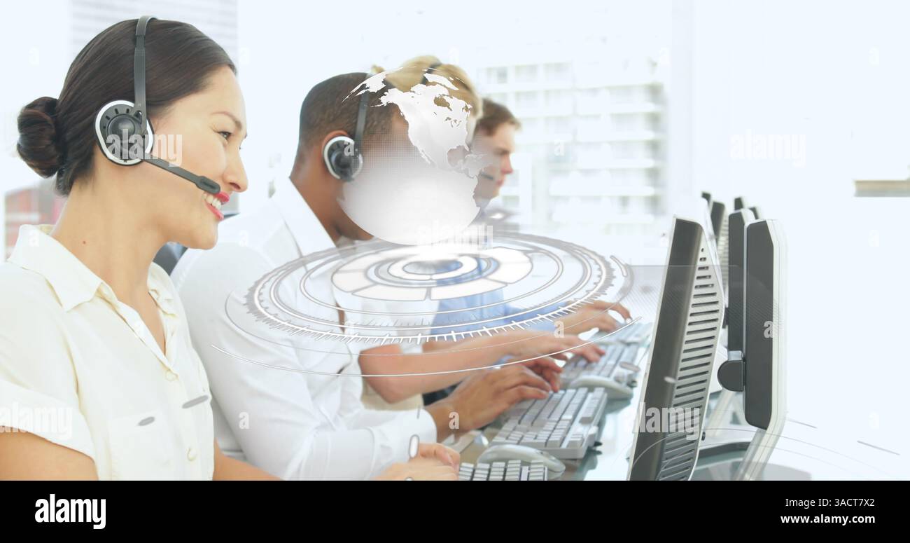 Image of network of connections over happy diverse office workers ...