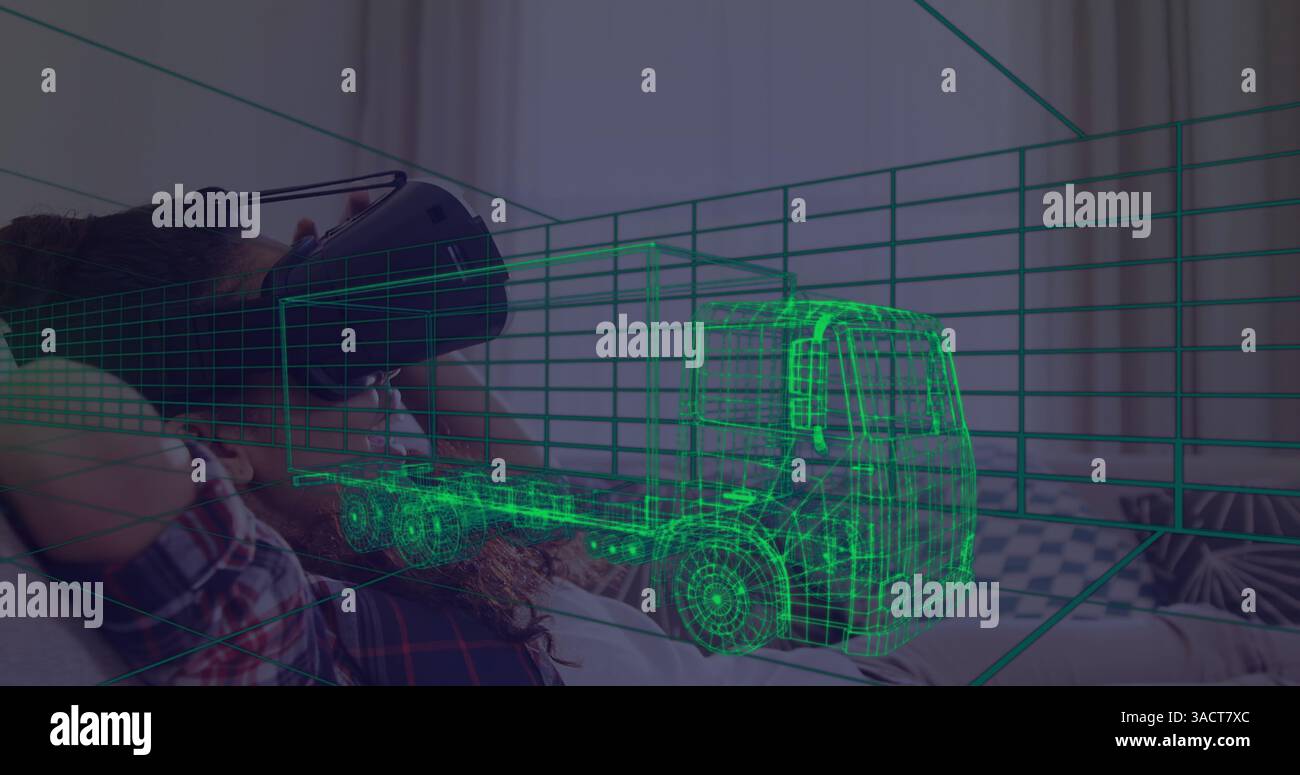 Image of 3d technical drawing of truck, over woman at home wearing vr ...
