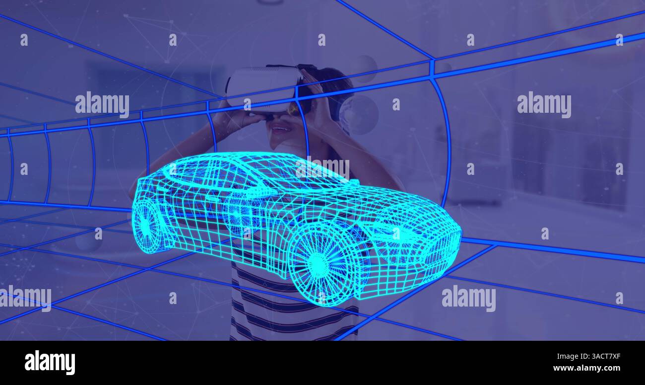 Image of 3d technical drawing of car, over woman at home wearing vr ...