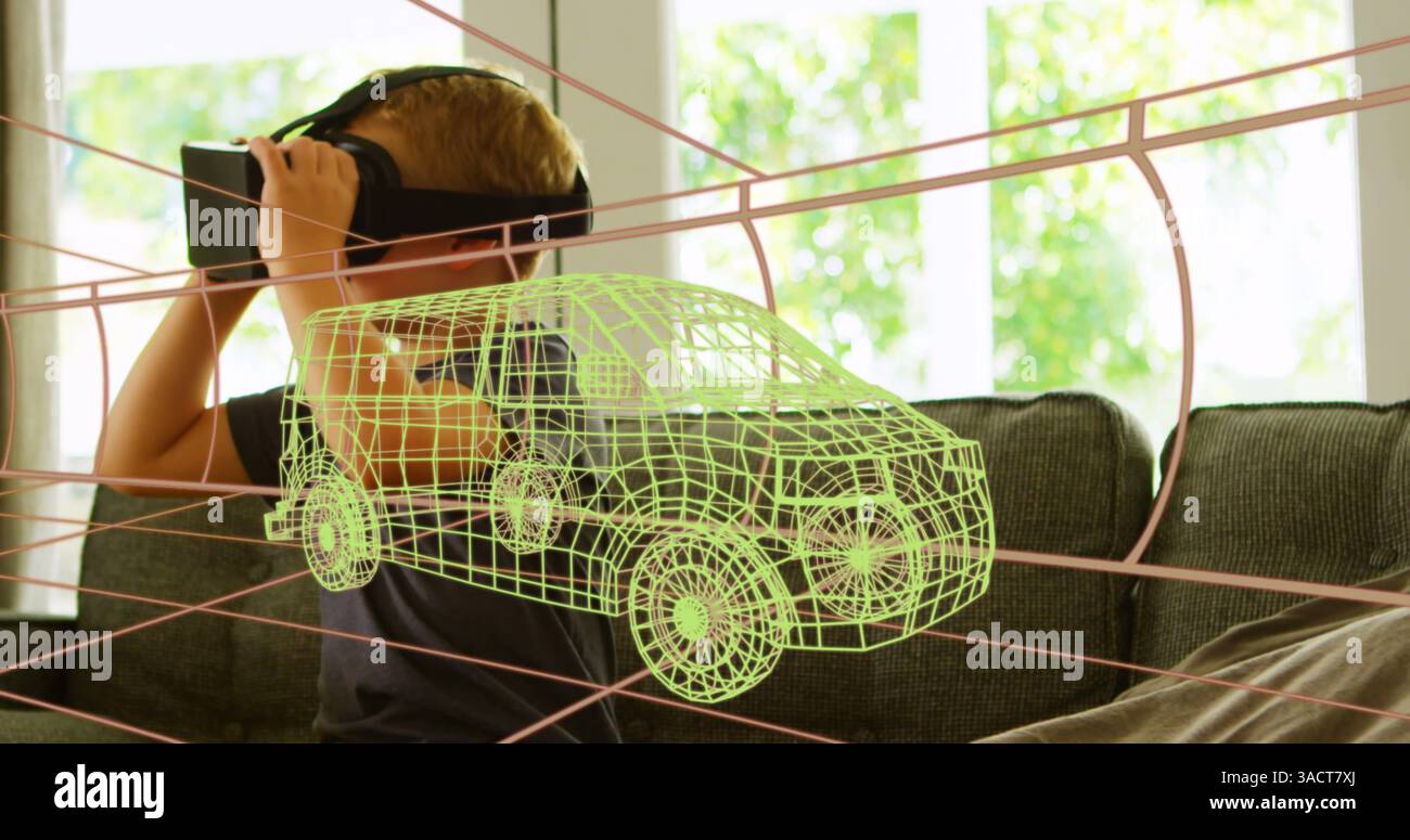 Image of 3d technical drawing of van, over boy at home wearing vr ...