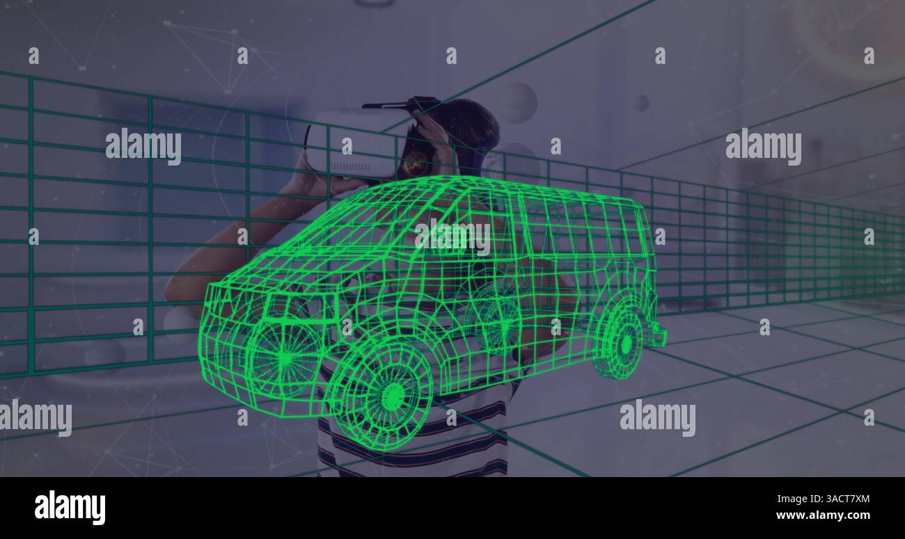 Image of 3d technical drawing of van, over woman at home wearing vr ...