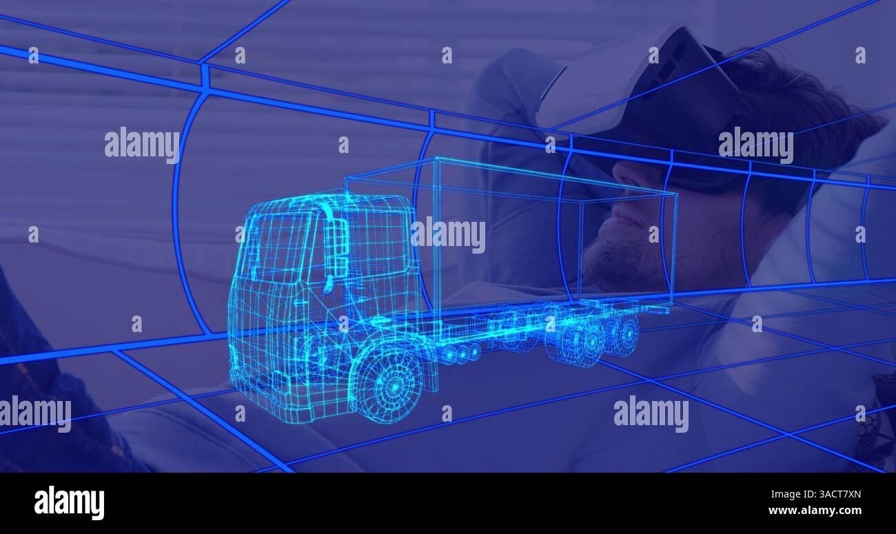 Image of 3d technical drawing of truck, over man at home wearing vr ...
