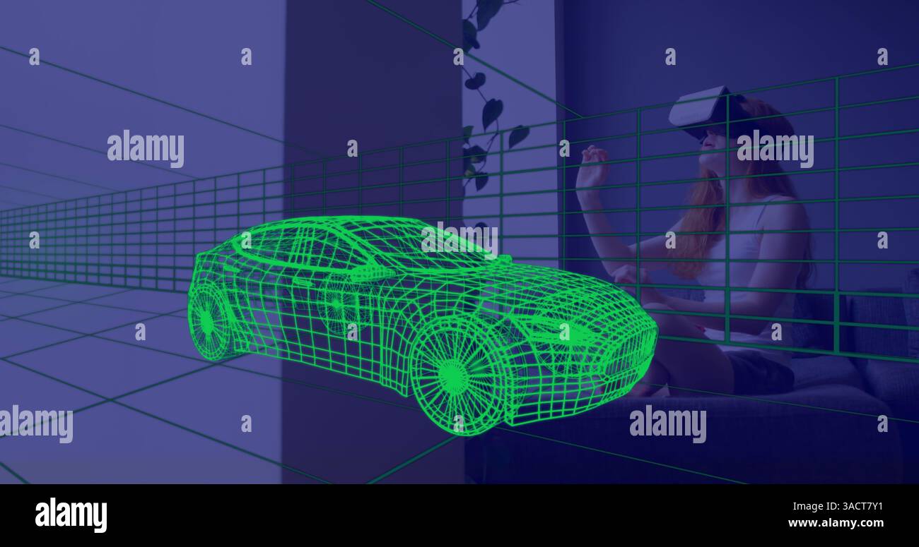 Image of 3d technical drawing of car, over woman at home wearing vr ...