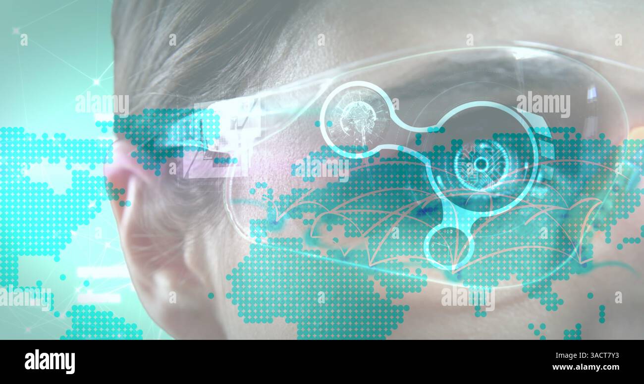 Image of world map over eye of woman in vr glasses using interface ...