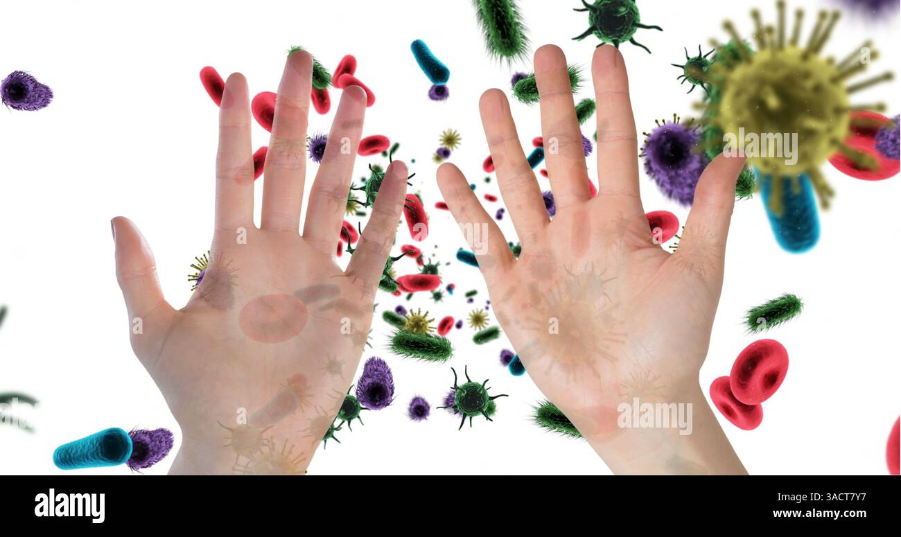 Hands surrounded by colorful germs and bacteria, illustrating hygiene ...