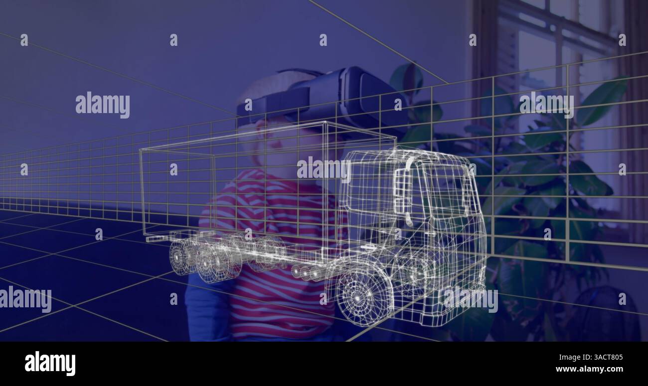 Image of 3d technical drawing of truck, over boy at home wearing vr ...
