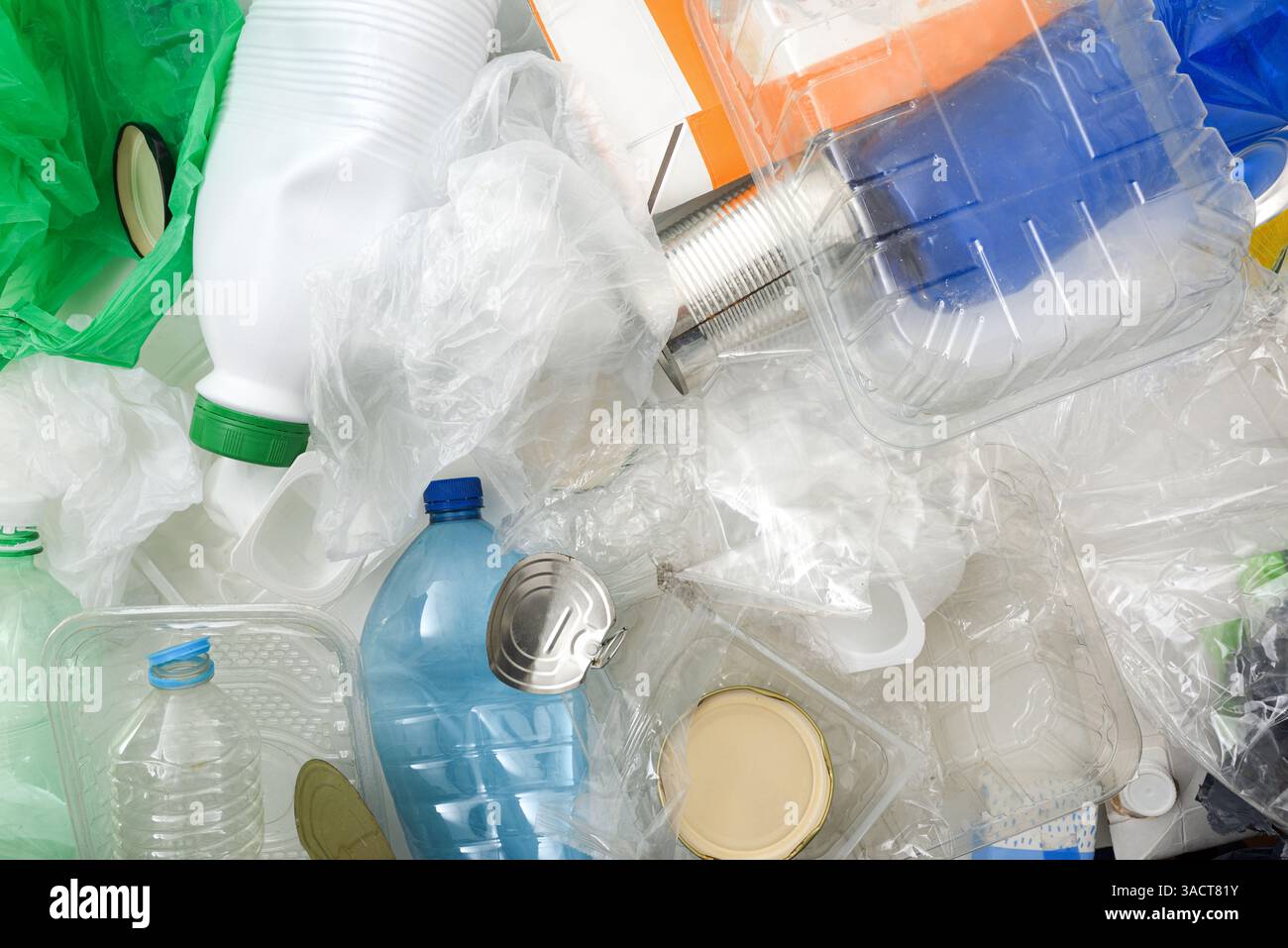 Background with detail of a pile of dirty containers for recycling. Top ...