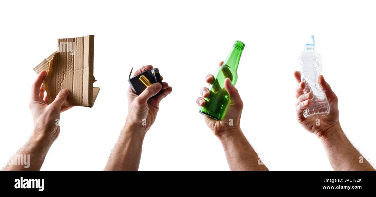 Set of hands collecting different types of waste for recycling on ...