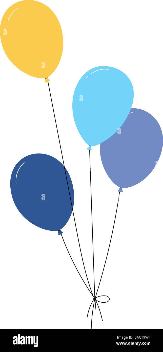 Bundle of balloons with strings, simple doodle outline, floating party ...
