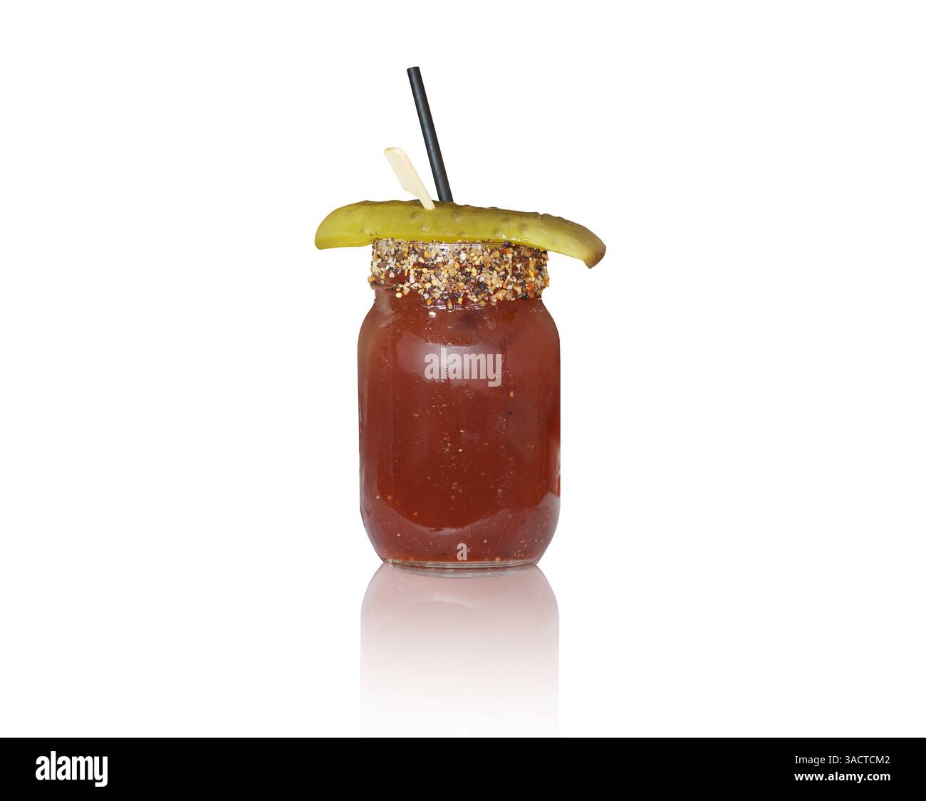 Isolated Caesar cocktail with pickle in mason jar. Also known as Bloody ...