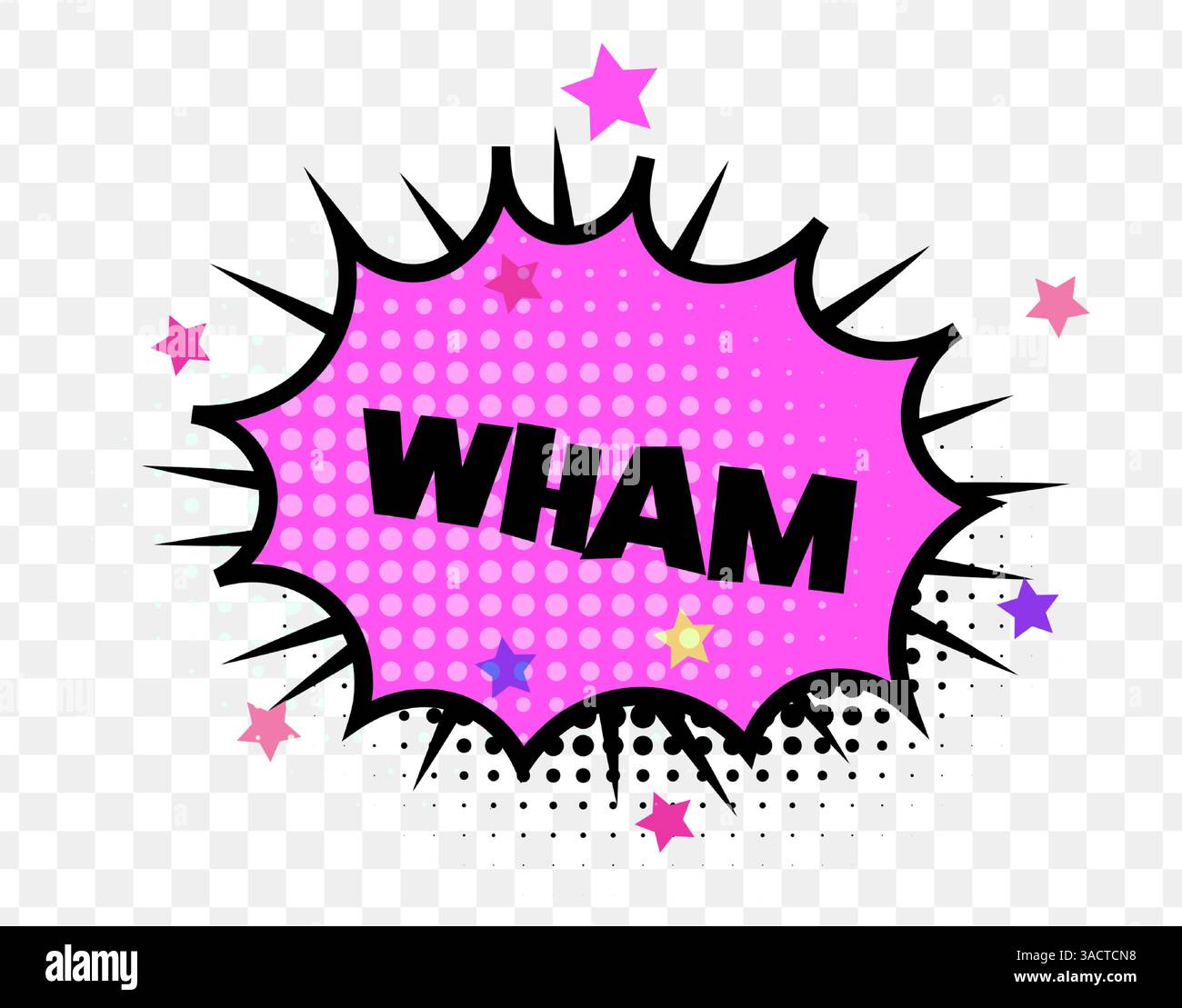 Bold WHAM text inside jagged pink comic bubble with halftone pattern and stars, evokes energy ...