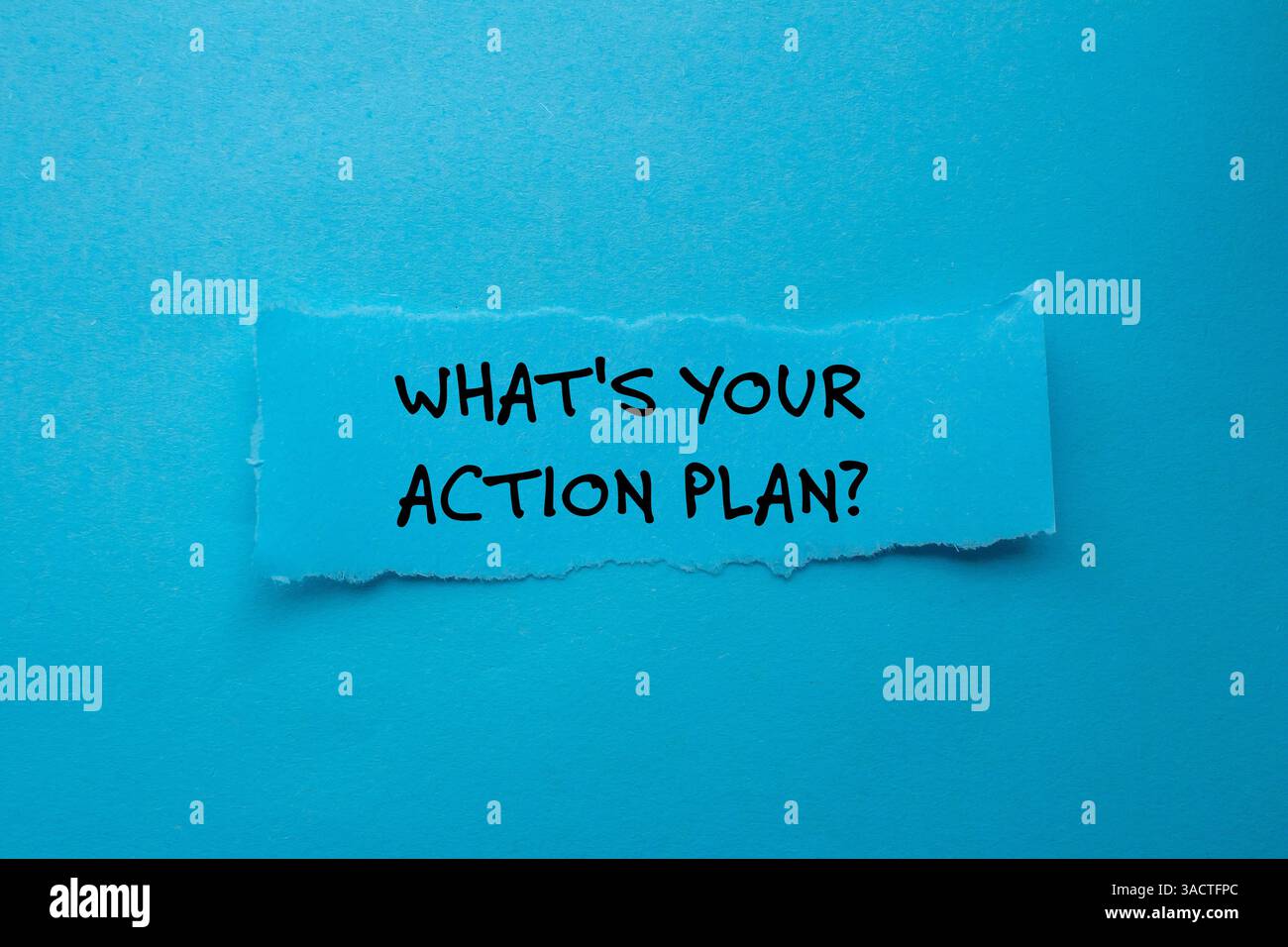 What's your action plan message written on ripped torn paper piece on blue background ...