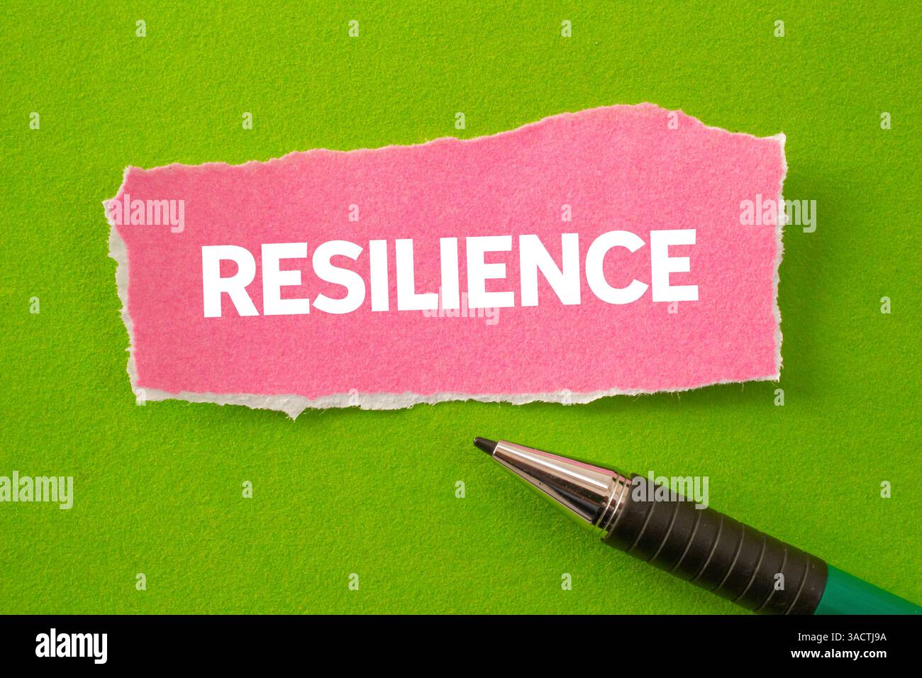Resilience message written on ripped torn pink paper piece on green background. Conceptual ...
