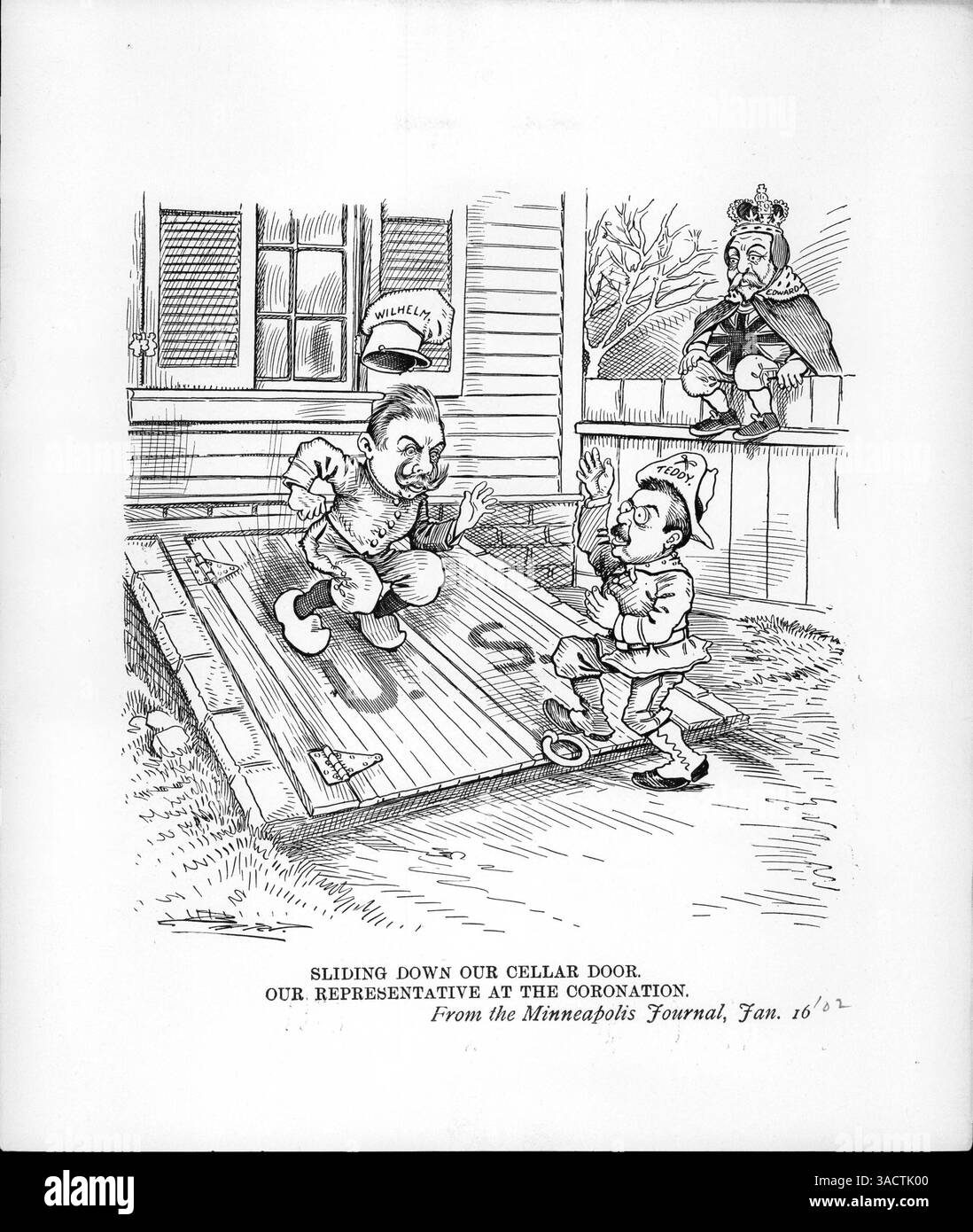 A cartoon depicting Teddy Roosevelt and Kaiser Wilhelm sliding down an ...