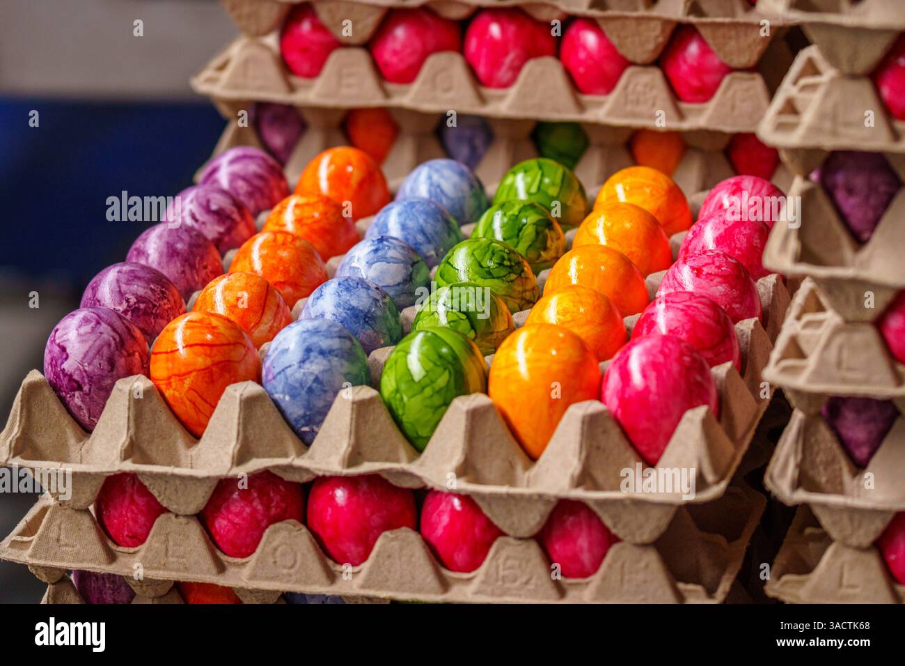 Ursberg, Bavaria, Germany - 4 April 2025: Colorful dyed hard-boiled ...