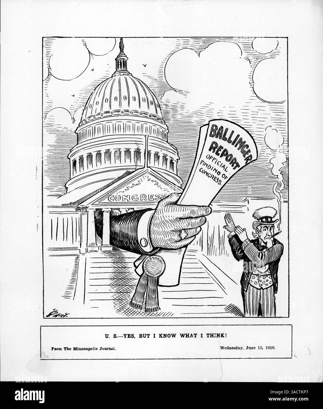 Uncle Sam rejects the Ballinger Report as an enormous hand holds the ...