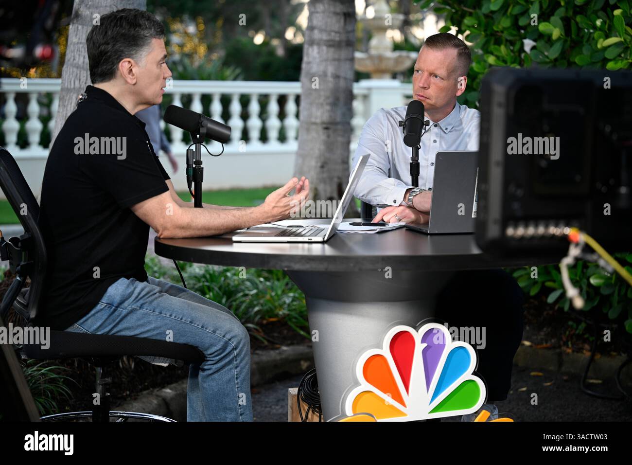 NBC Sports hosts Mike Florio, left, and Chris Simms broadcast from the ...