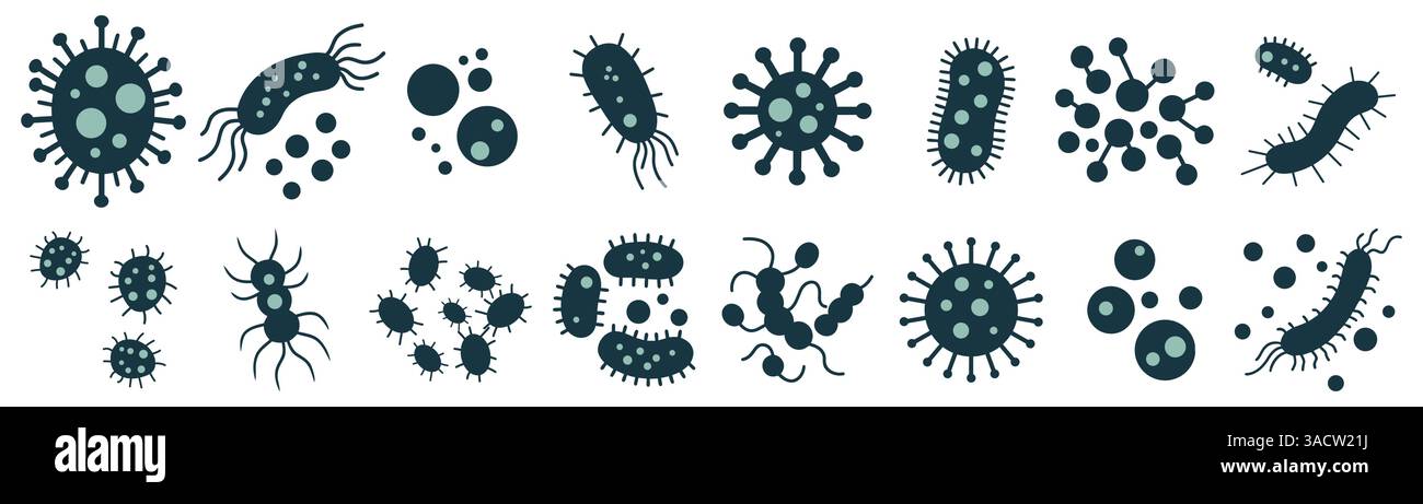 Bacteria, microbe, virus outline vector icon set. Microscopic bacterium ...