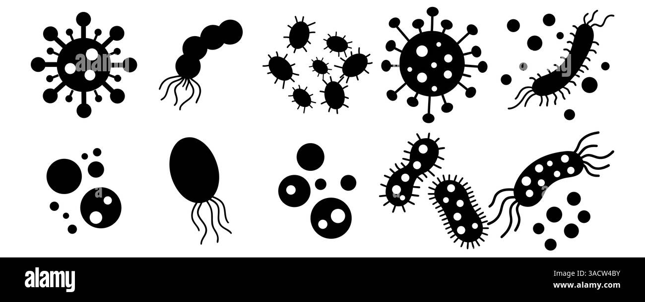 Bacteria, microbe, virus outline vector icon set. Microscopic bacterium ...