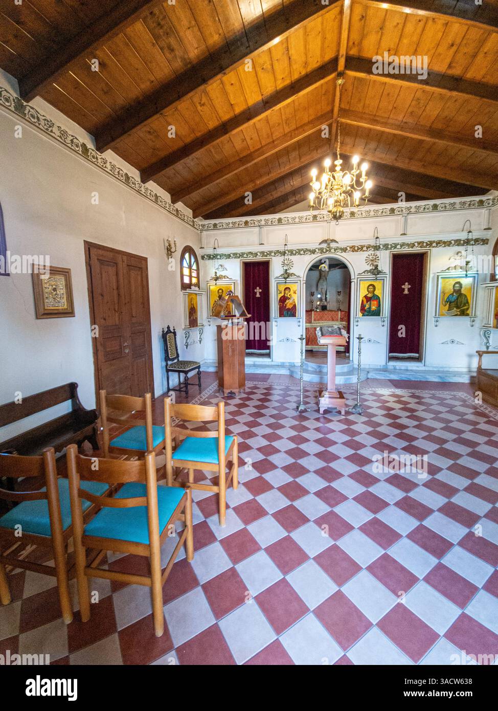 A serene interior shot of a traditional religious space, featuring ...