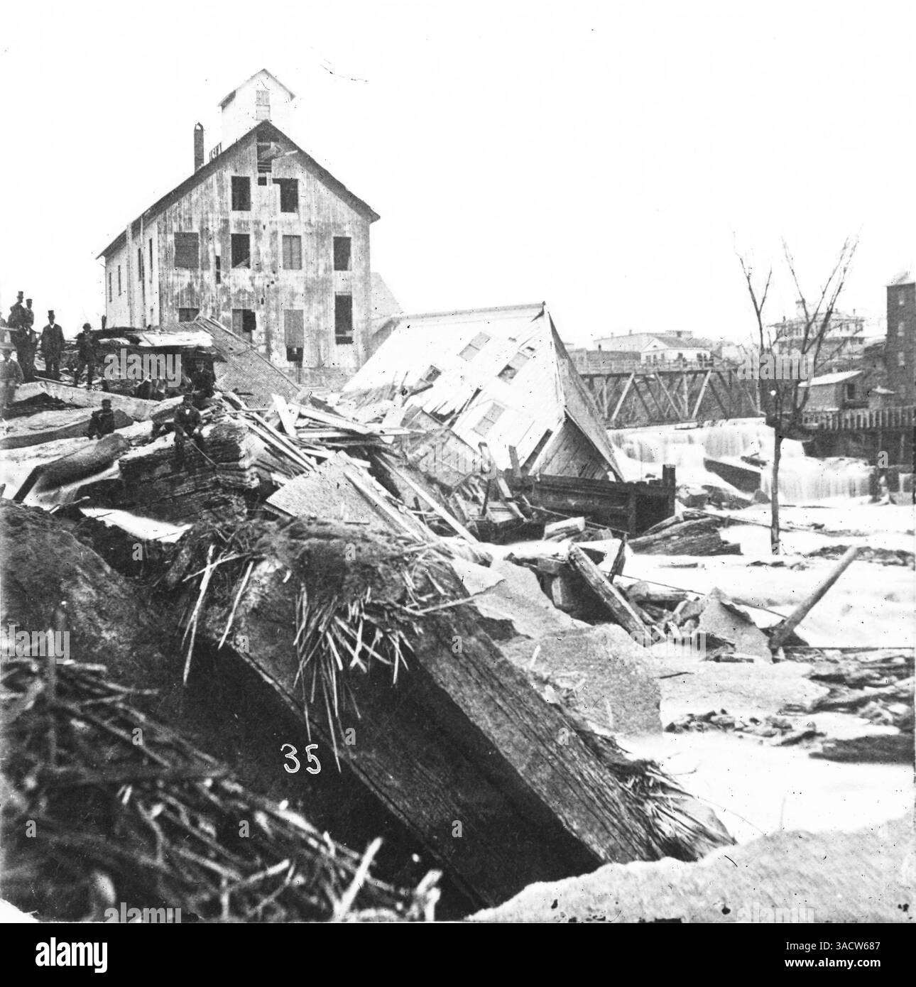 A historical image depicting the collapse of a mill on Hennepin Island ...