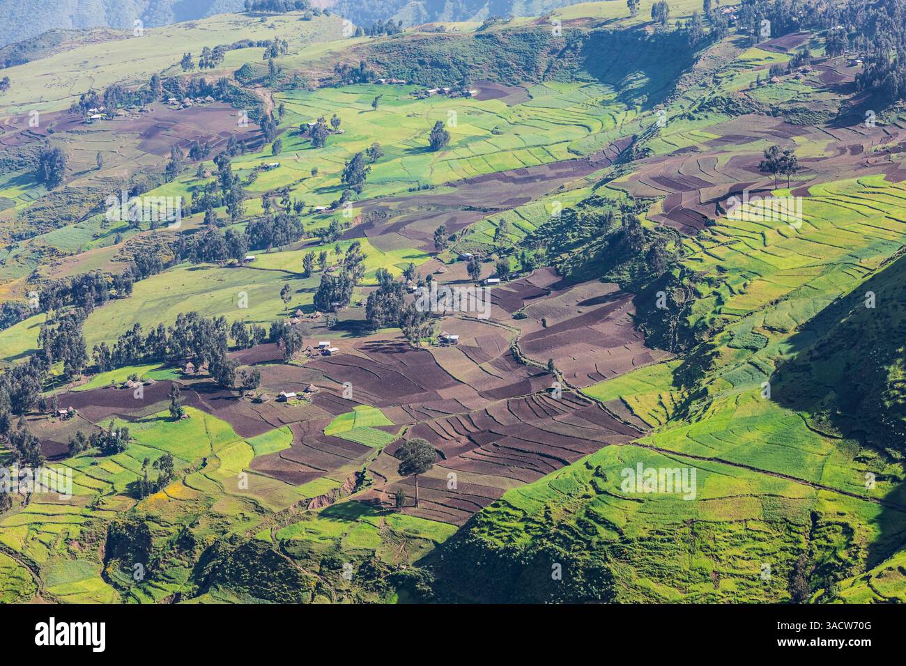Ethiopia. Amhara. North Gondar. View of farms and a village in the ...
