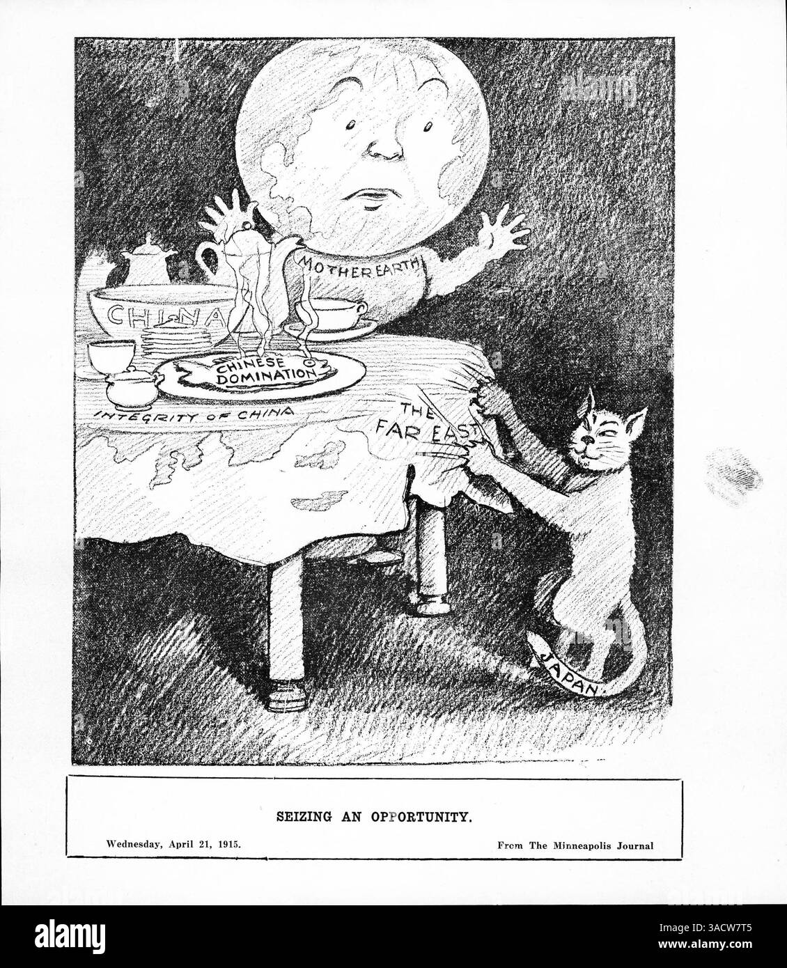 This image portrays Japan as a cat pulling at the tablecloth of the Far ...