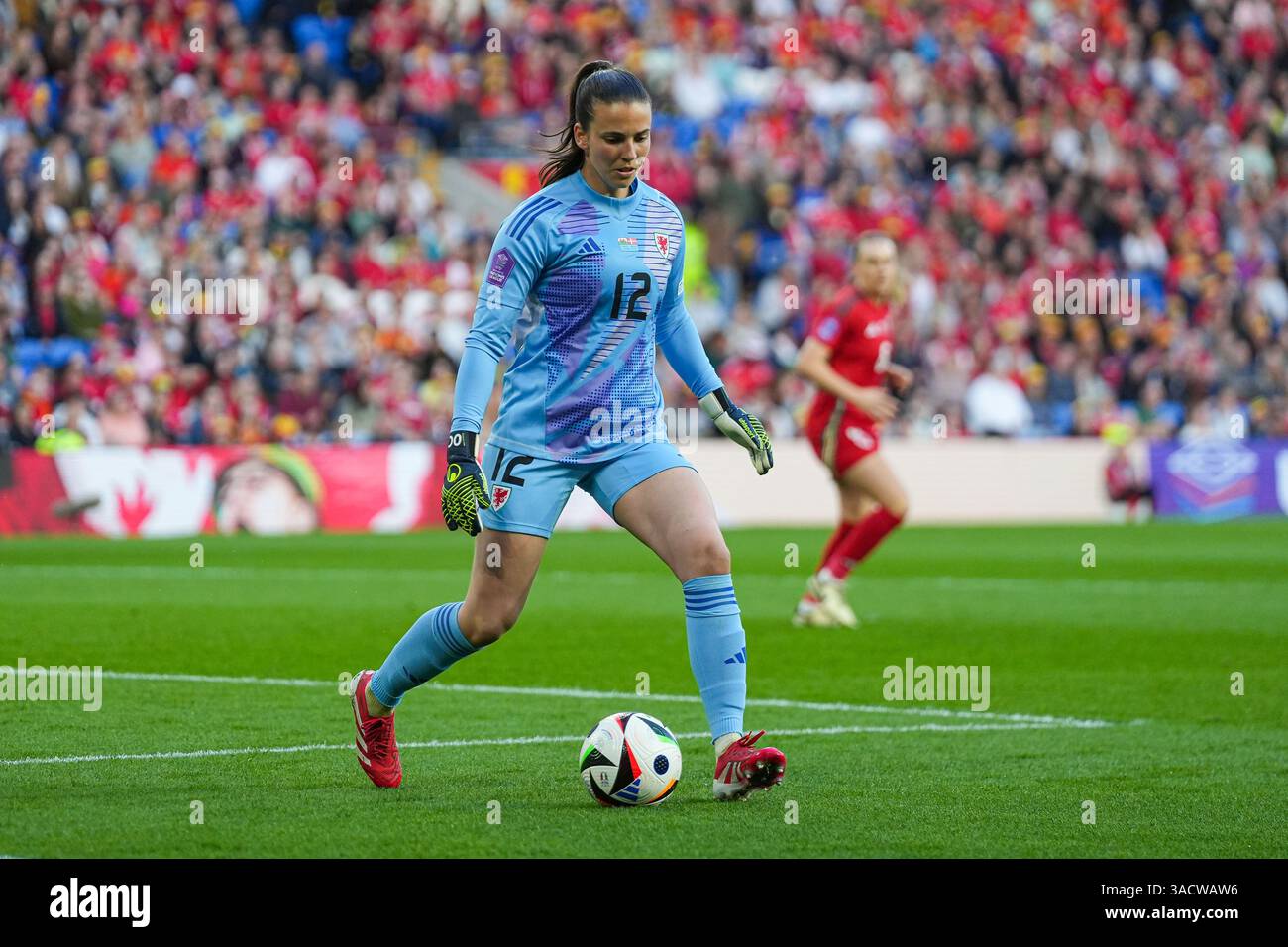 Cardiff, Wales, UK. 4th April, 2025. Wales goalkeeper Olivia Clark ...