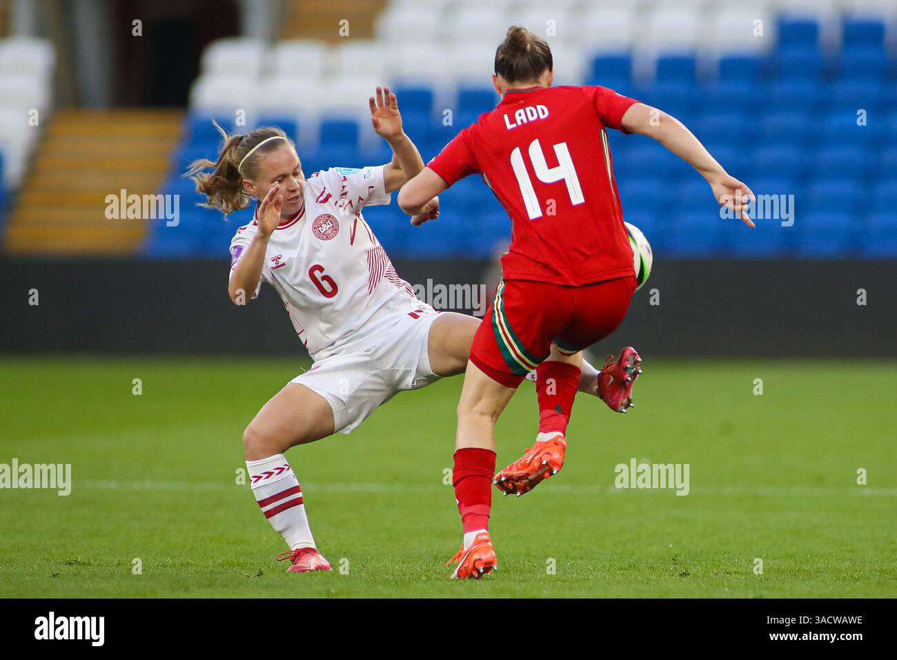Cardiff, Wales, UK. 4th April, 2025. Josefine Hasbo of Denmark tackles ...