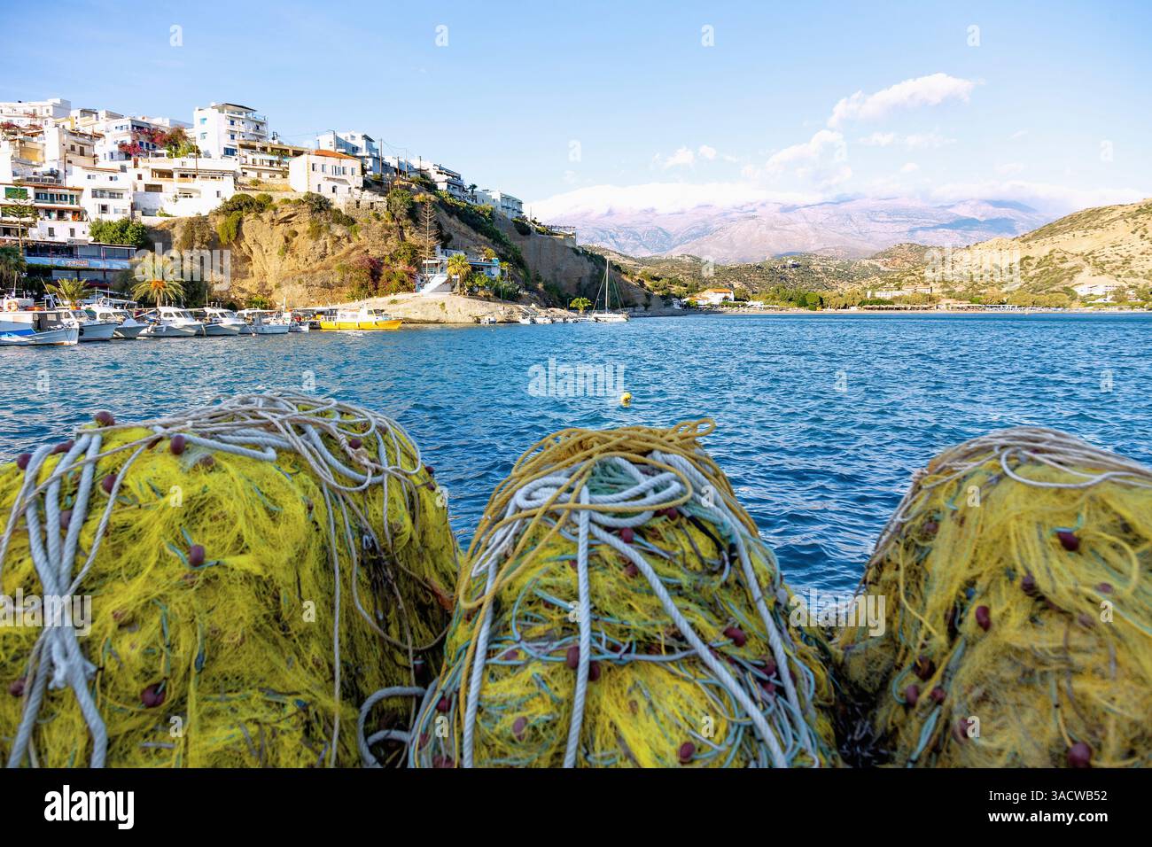 Agia Gallini, harbor, fishing nets, fishing boats, Greek island, Crete ...