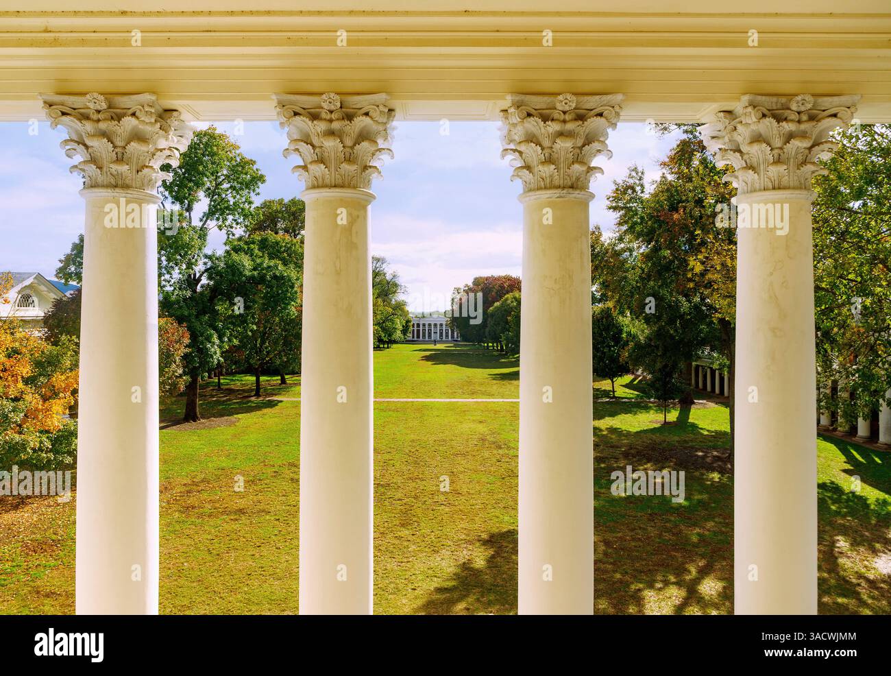 The University of Virginia, view from Rotunda columns across The Lawn ...
