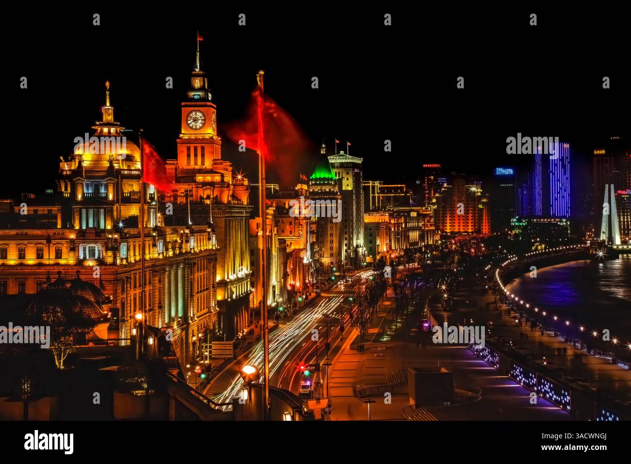 Shanghai, China, The Bund Buildings Monuments Night red Flags Cars ...