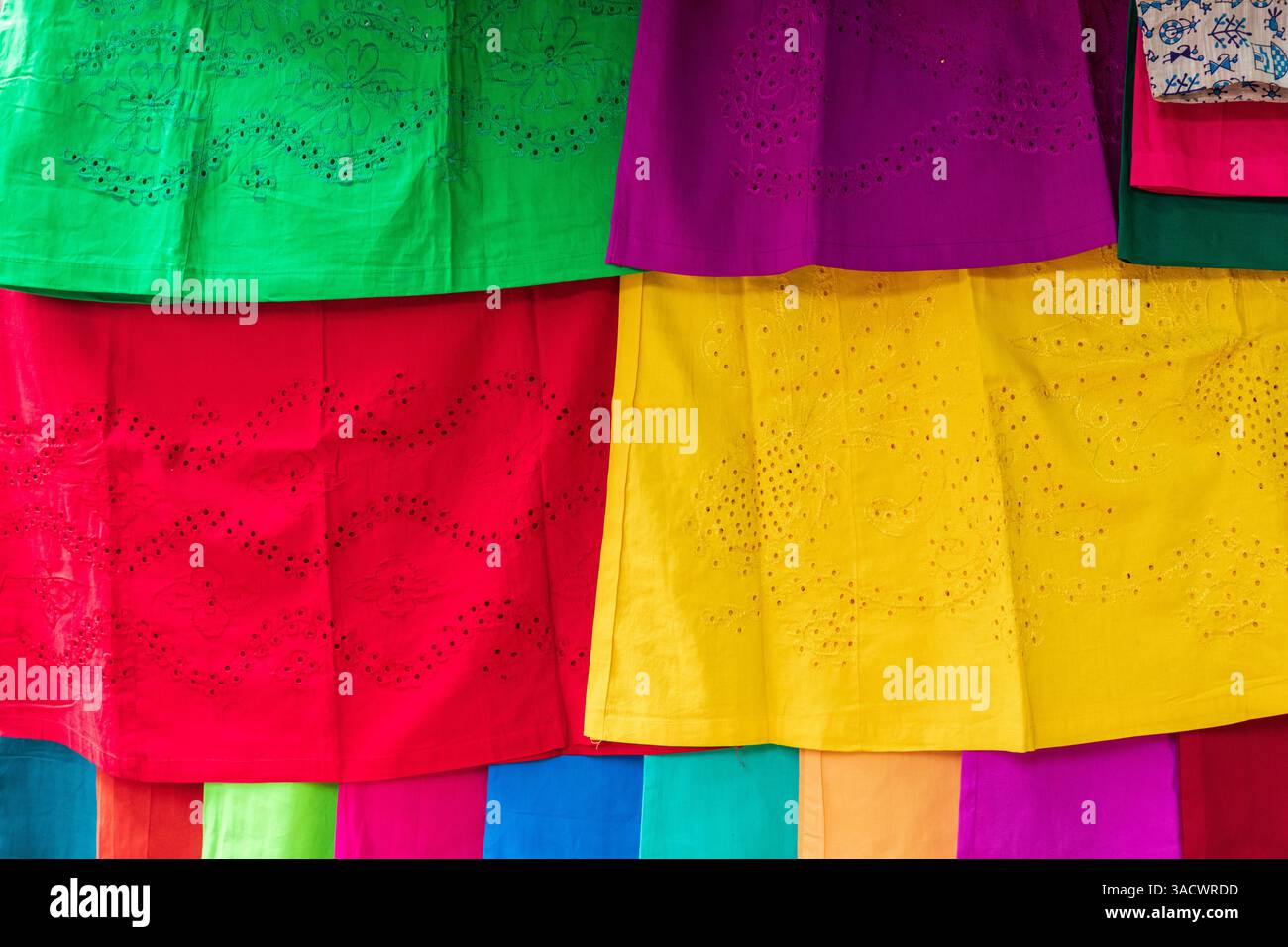 India, West Bengal, Kolkata, Baithakkhana. Group of colorful textiles ...