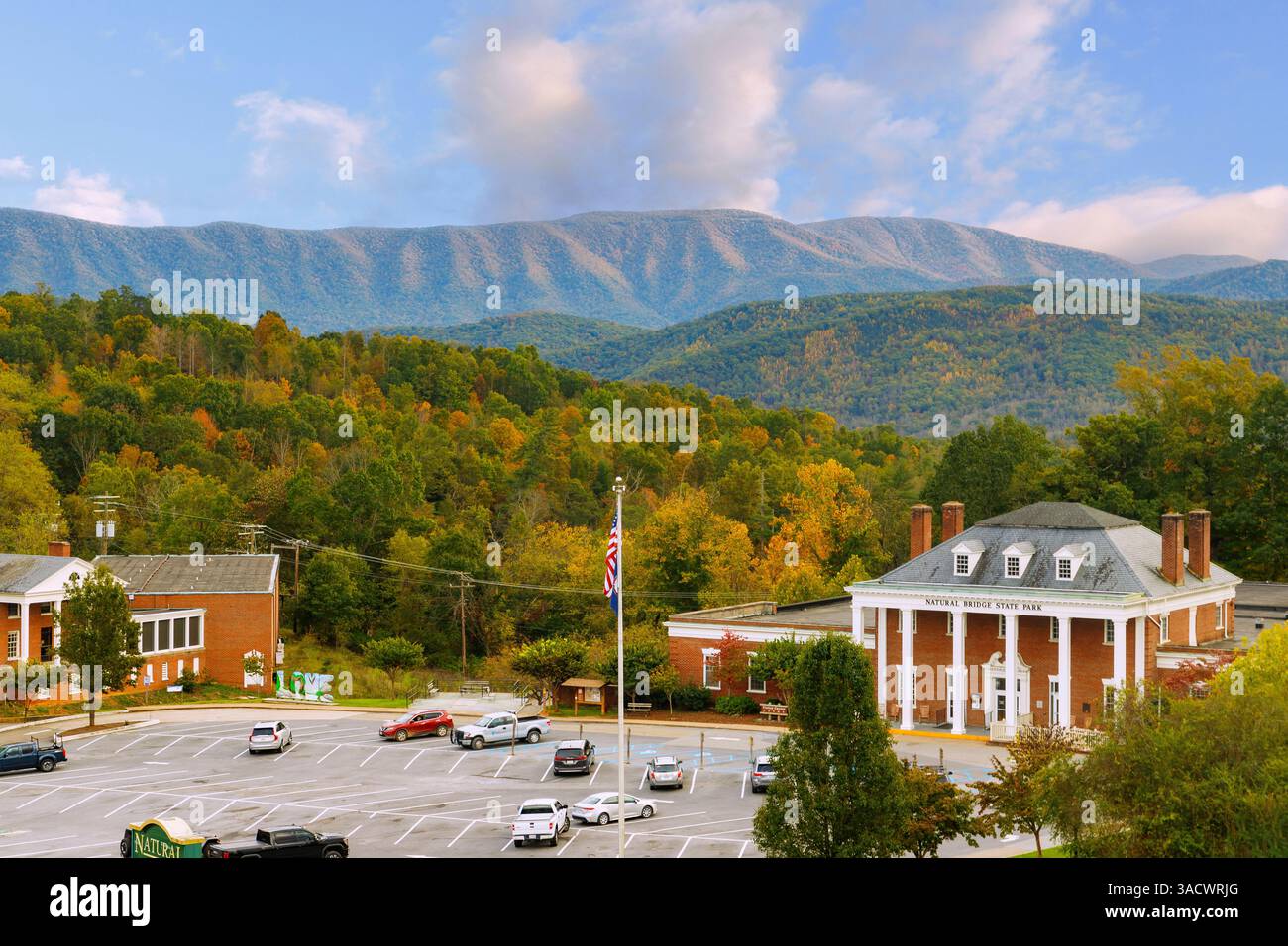 Natural Bridge State Park Visitor Center and view of the Blue Ridge ...