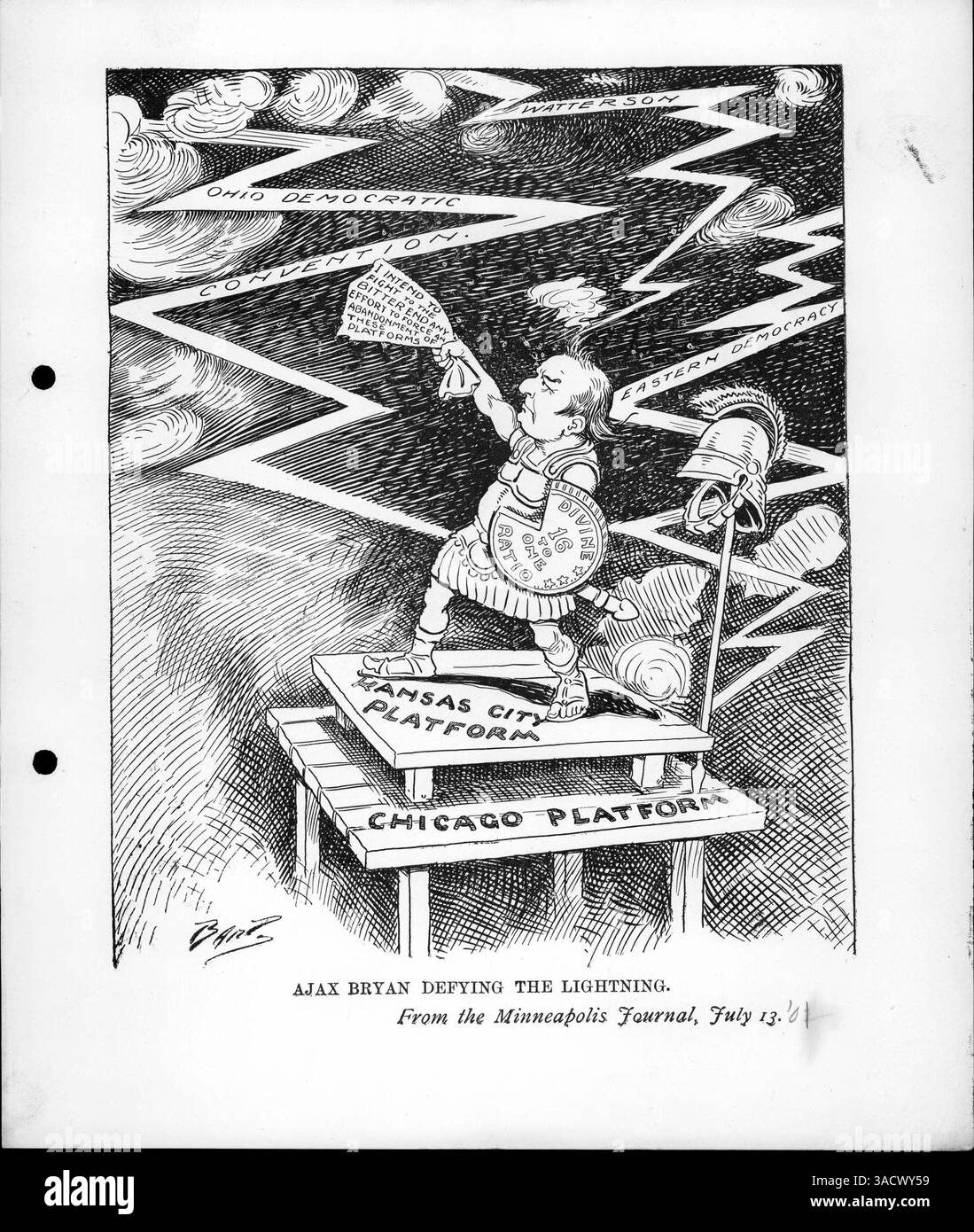 A political cartoon depicting William Jennings Bryan standing in copper ...