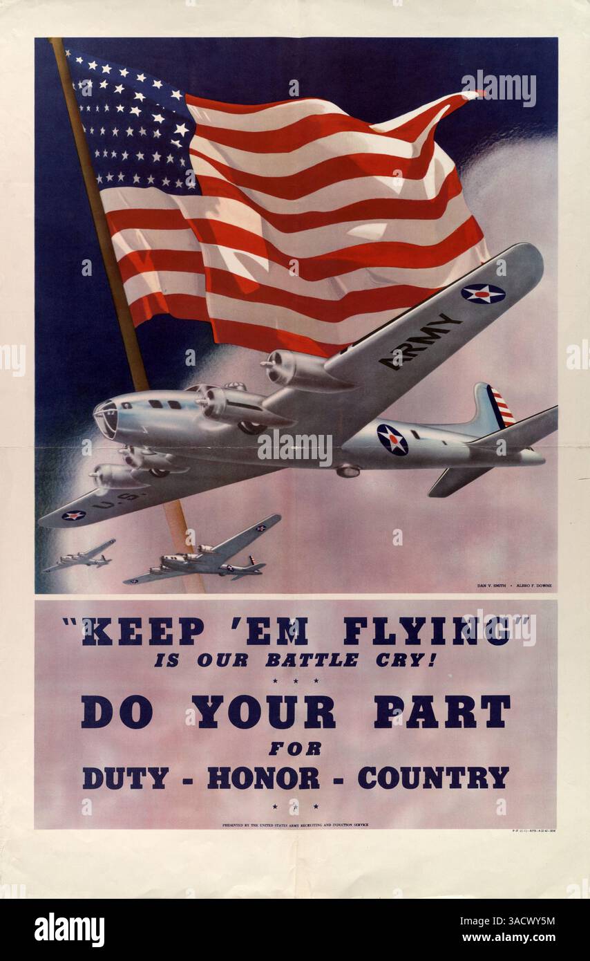 A World War II-era poster featuring the U.S. flag above three Army ...