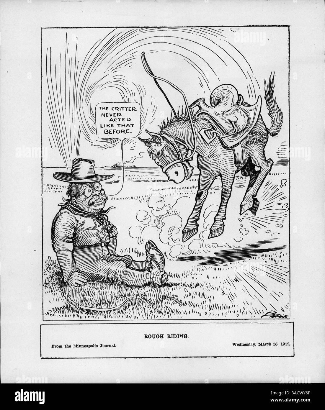A cartoon depicts Theodore Roosevelt being bucked off a donkey labeled ...