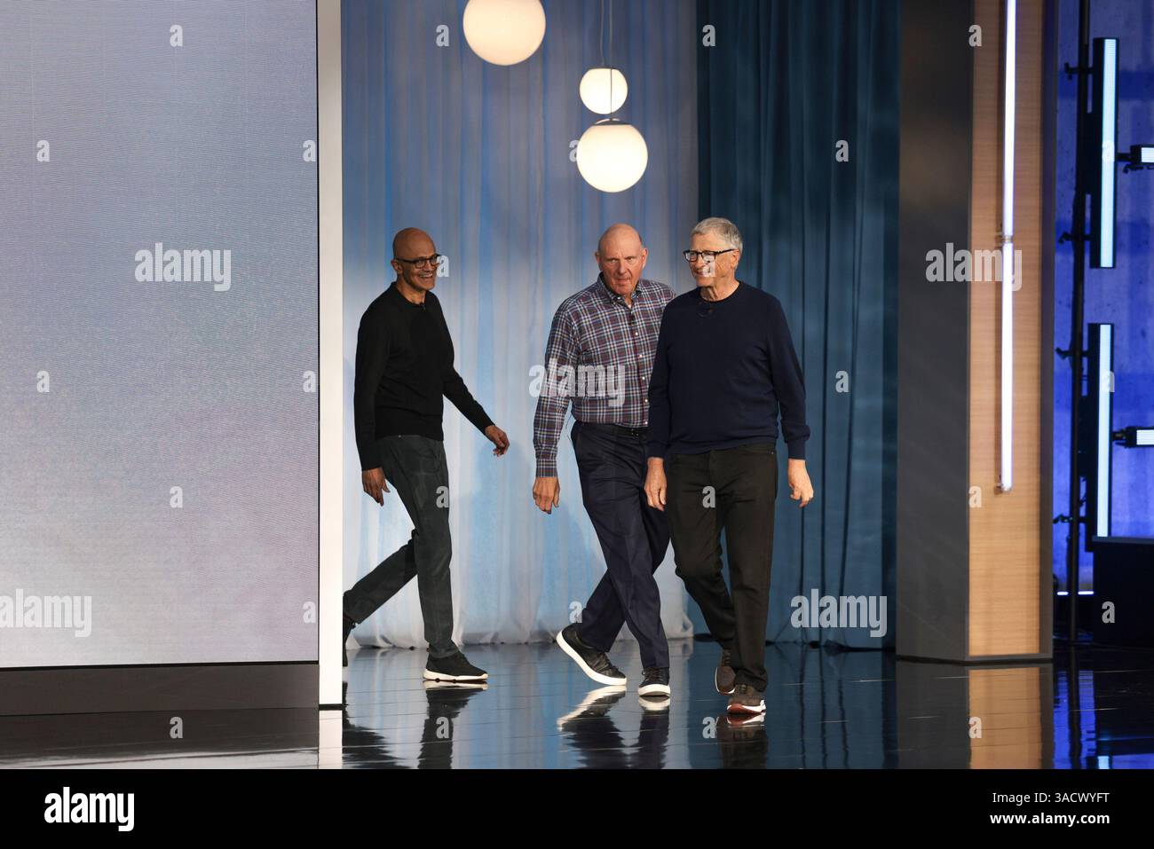 From left, Microsoft Chairman and CEO Satya Nadella, former CEO Steve ...