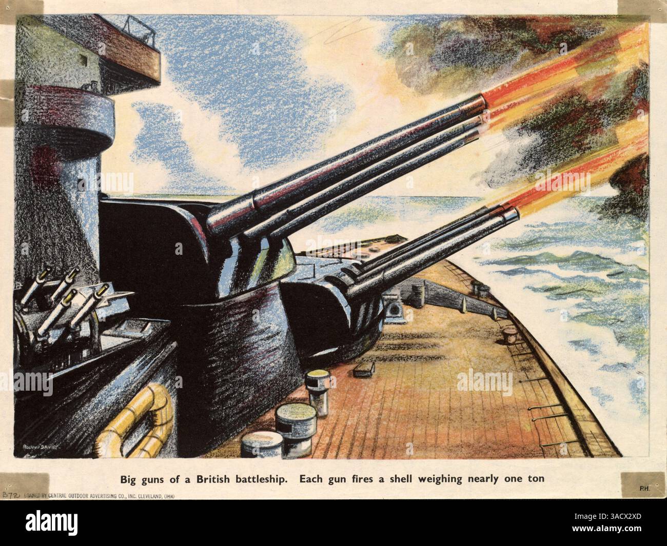 The big guns of a British battleship are shown in action, each firing a ...