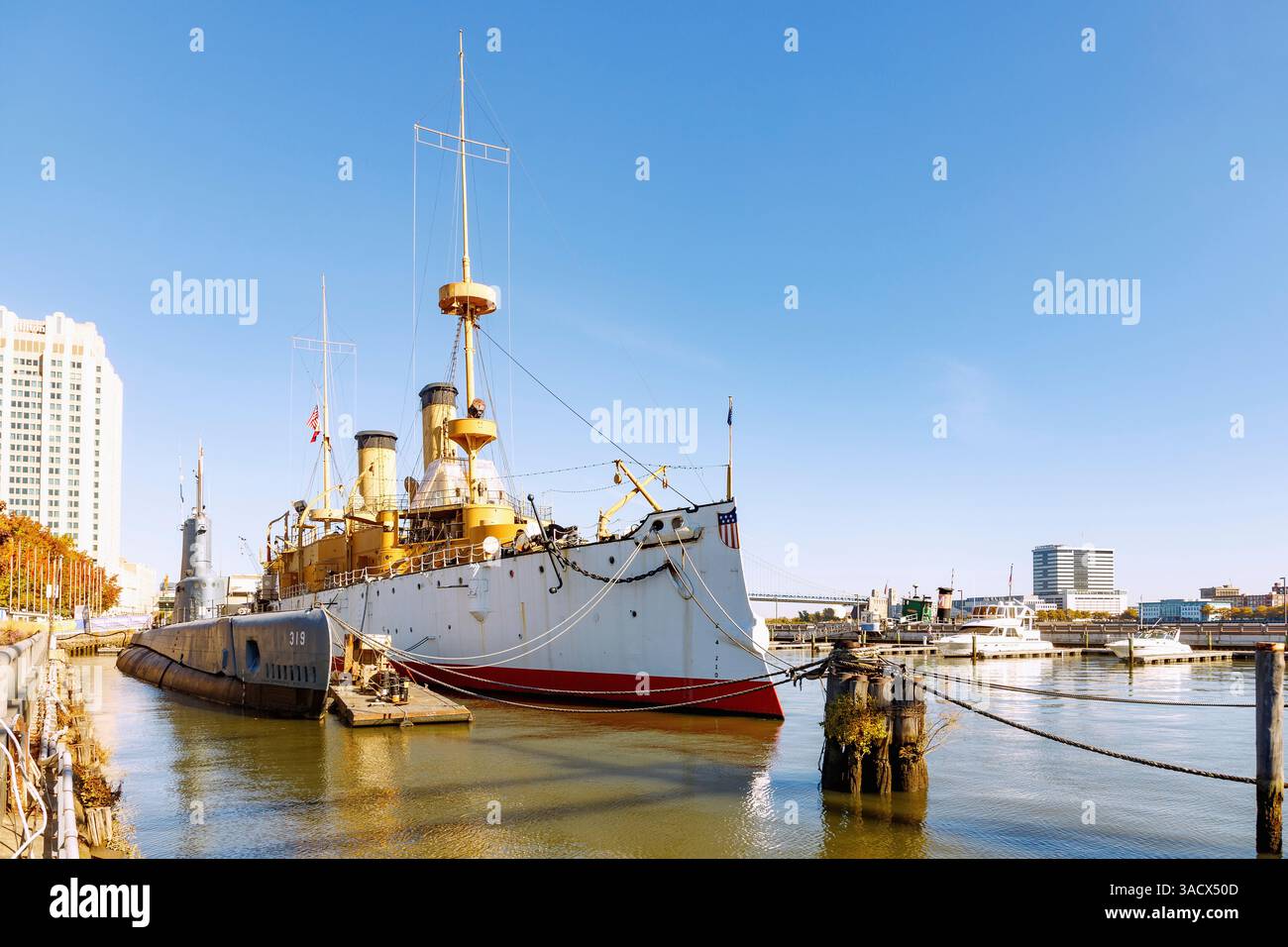 Penn's Landing on the Delaware River with the historic flagship USS ...