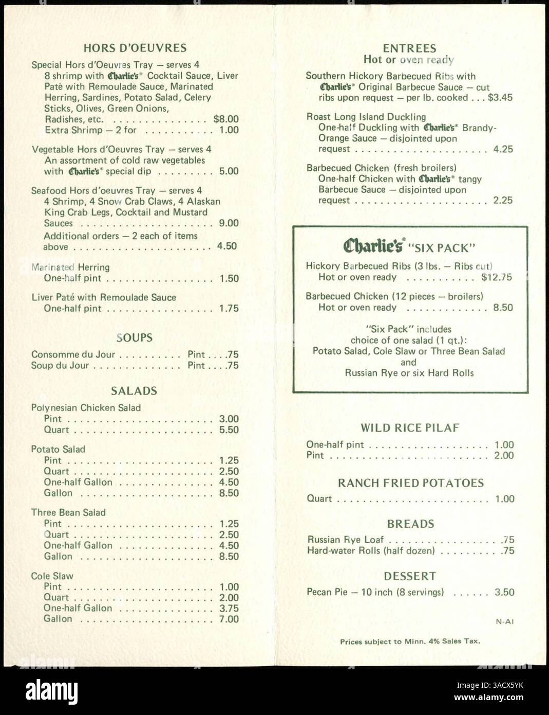 The 1975 bi-fold menu from Charlie's Cafe Exceptionale lists a variety ...