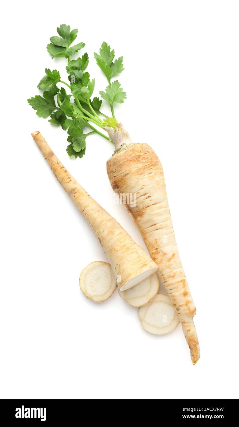 Whole and cut fresh parsley roots isolated on white, top view Stock ...