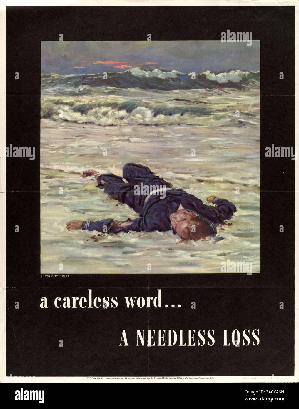 A 1943 poster depicting the tragic outcome of careless words, showing ...